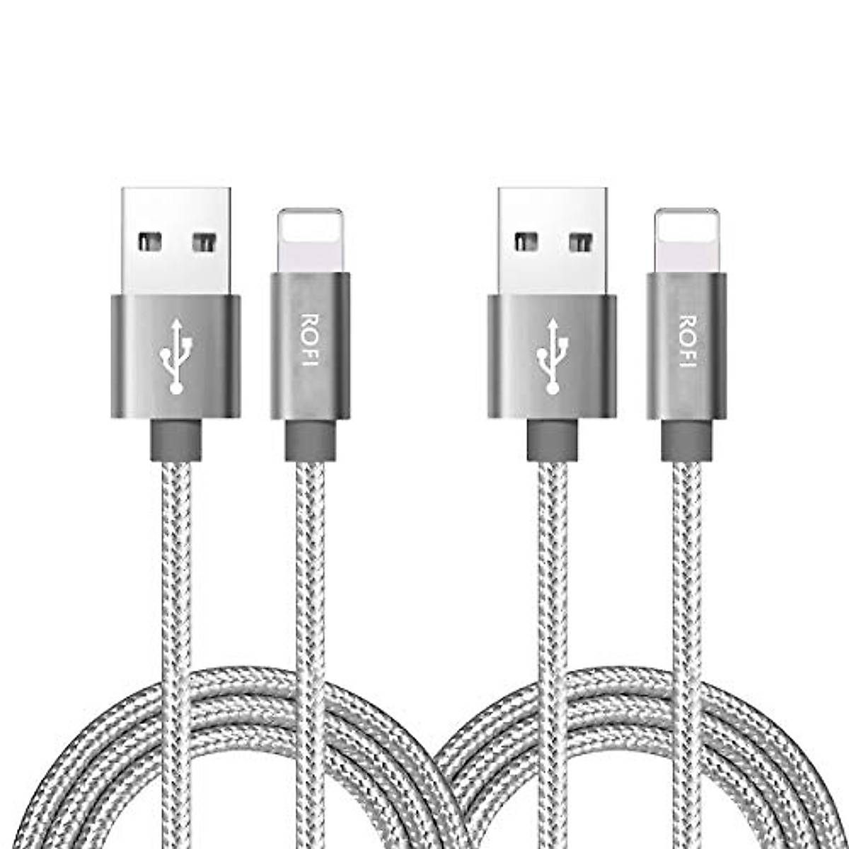 RoFI Phone Charger Cable, [2Pack 2 Feet] Nylon Braided Fast Charging USB Cord 0.6M Compatible Phone X 8 8 Plus 7 7 Plus 6s 6s Plus 6 6 Plus 5 5S 5C SE Air Mini and Car Display (Silver)