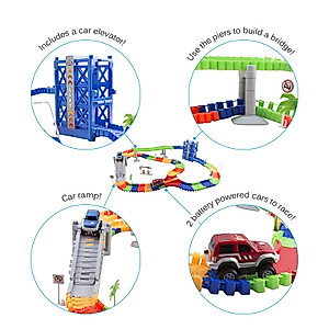 Vokodo Race Car Track Set Toy Educational Twisted Flexible Tracks 240 Pcs 2 Cars Toy with Lifter, Bridge ,Trees, Gas Station for Kids Children Toys