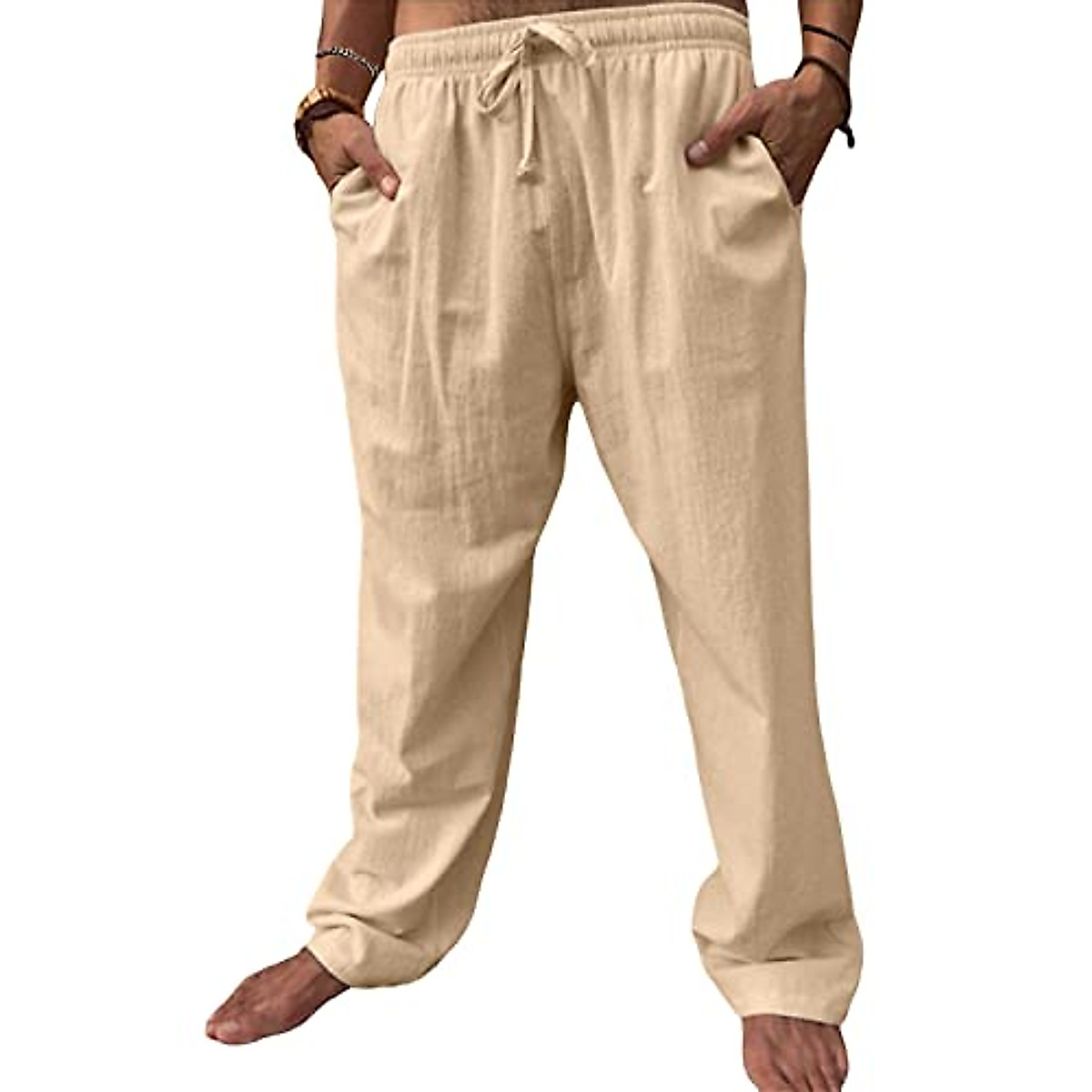 Mens Casual Linen Pants Loose Fit Lightweight Drawstring Summer Beach Yoga Pants Long Trousers Khaki