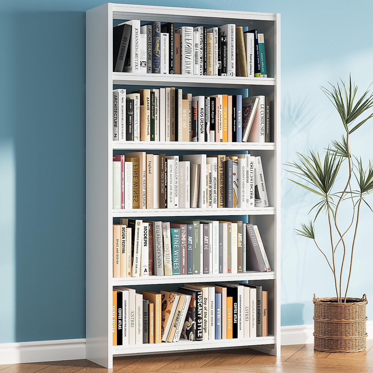 CBNTKI 69" White Bookshelf, 5 Tier Tall Bookcase with Bookend, Large Metal Book Shelf Display Storage Shelves for Bedroom Living Room Office