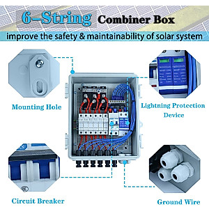 6 String PV Combiner Box with 15A Rated Current Fuse Lightning Arrester and Circuit Breakers for Solar Panel Kit Off Grid System
