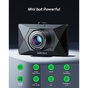 Mini Dash Cam - Front and Rear 2K Surfola Dual Car Camera 2560x1440P, 3" inch IPS Screen, 170° Wide Angle, Parking Mode, WDR, Accident Record