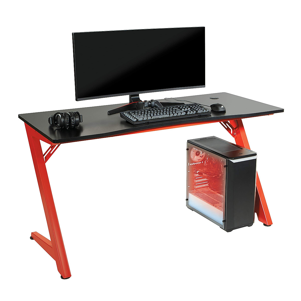 OSP Home Furnishings Beta Battlestation Gaming Desk with Bluetooth RGB LED Lights, Matte Red