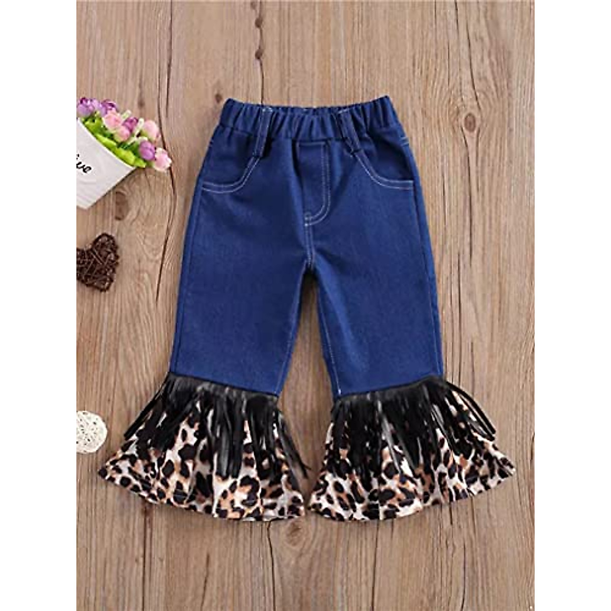 YEAHDOR Toddler Baby Bell Bottoms Baby Girls Ruffle Leggings Flare Skinny Denim Jeans Pants Dark Blue 18-24 Months