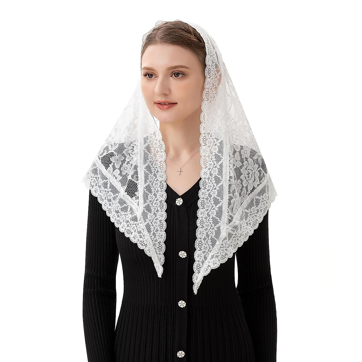 PAMOR Veils for Church Catholic Triangluar Scarf Embroidered Chapel Veil Head Covering Latin Mass Mantilla (White)