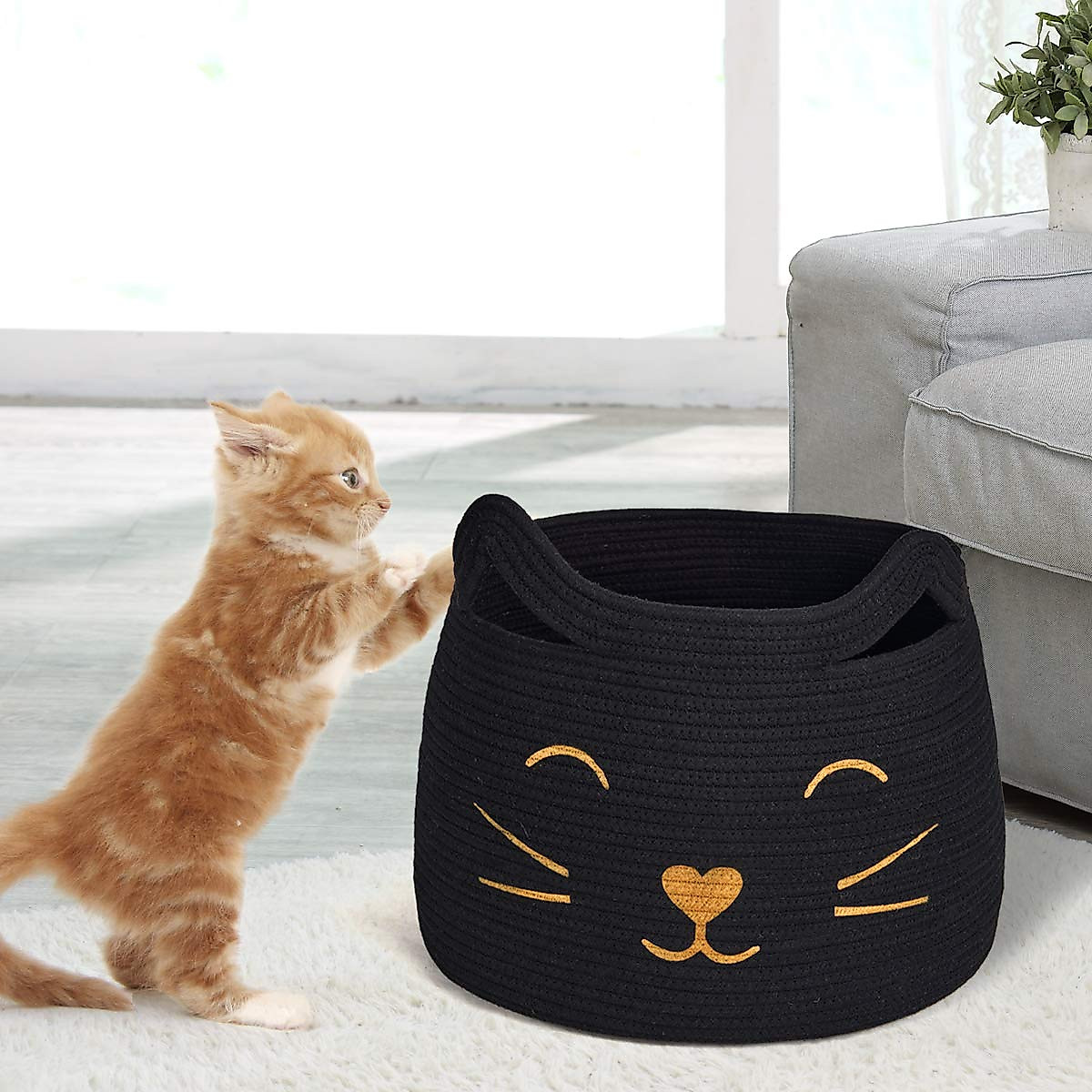 HiChen Large Woven Cotton Rope Storage Basket, Baby Laundry Basket Organizer for Toys, Blanket, Clothes, Towels, Gifts | Pet Gift Baskets for Cat, Dog - 15.7" L×11.8" H, Black