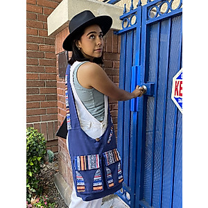 Navy Blue Cross Body Shoulder Bag with Woven Tribal Accent Design Large