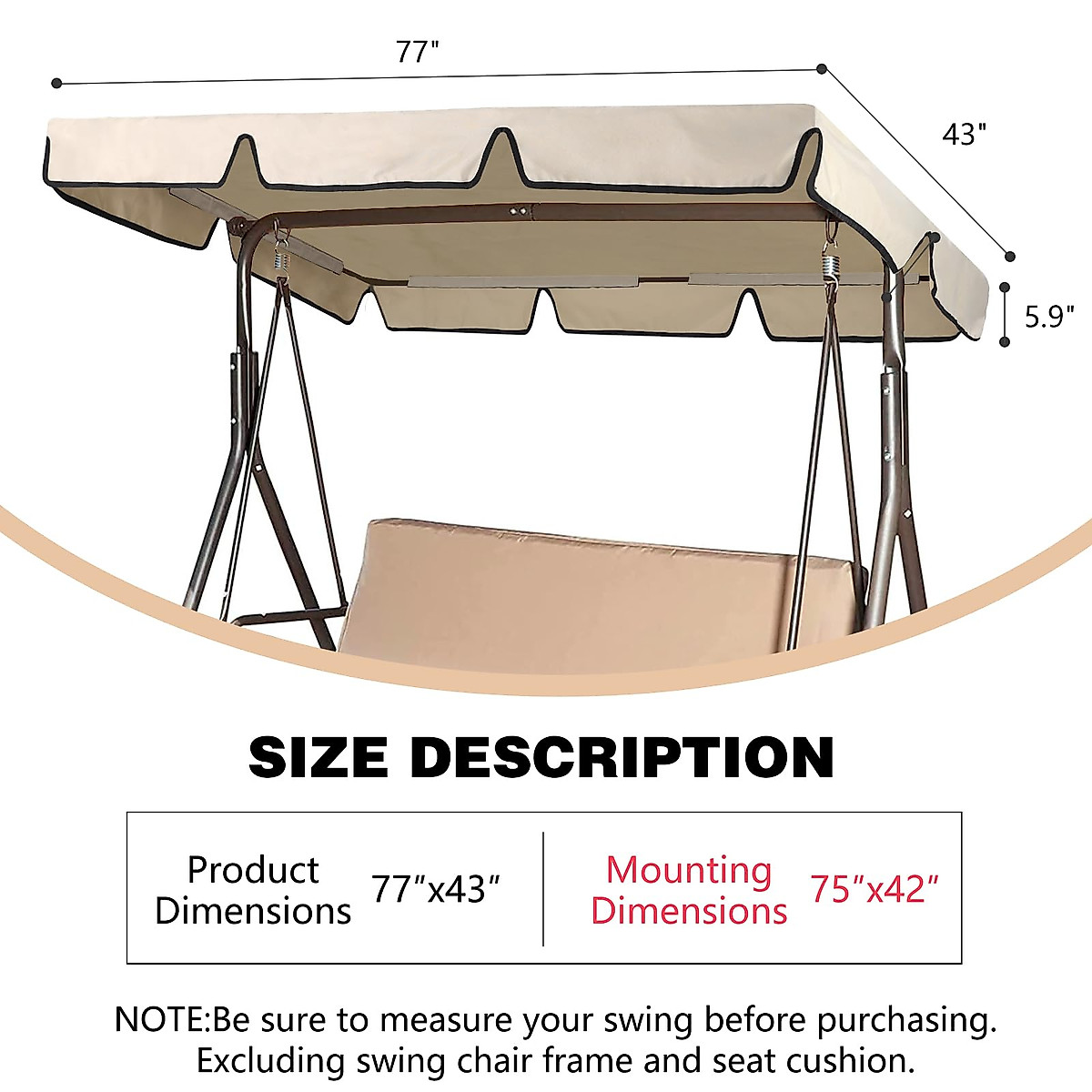 CHENGWEI 600D Outdoor Swing Canopy Replacement Top,Waterproof Patio Swing Canopy Replacement,3 Seat Porch Swing Canopy Replacement Sunshade and Rainproof(77" W x 43" D x 5.9" H Beige)
