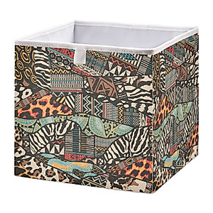 Vnurnrn Cube Storage Bins African Pattern Patchwork, Collapsible Storage Box with Support Board, Foldable Fabric Basket for Shelf Closet Cabinet 11.02×11.02×11.02 in