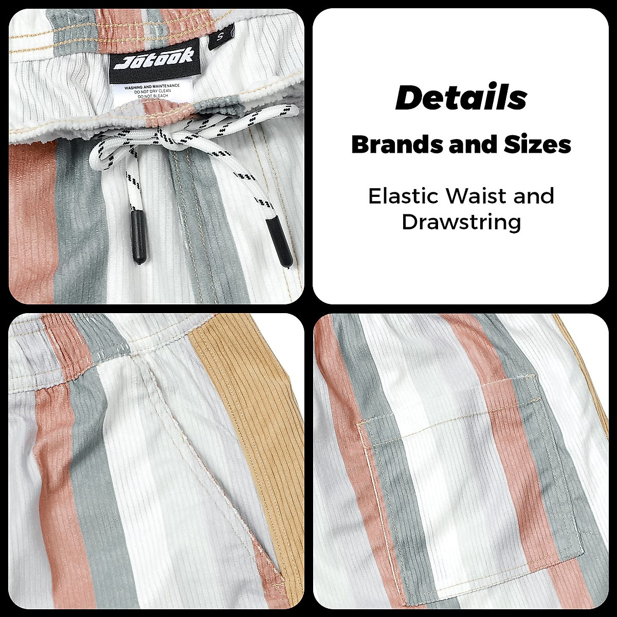 JOTOOK Men's Casual Drawstring Corduroy Shorts Elastic Waist Summer Shorts with Pocket Printed Shorts Medium Grey White Stripe