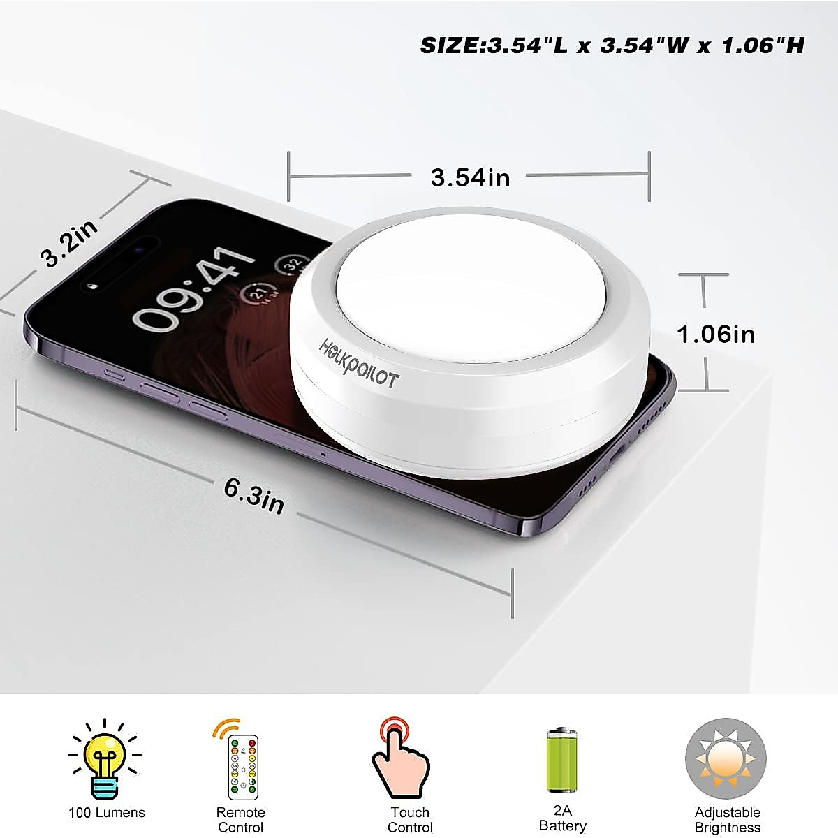 HOLKPOILOT Puck Lights with Remote Control, Under Cabinet Lighting Battery Operated, Under Counter Cabinet Puck Lighting, Kitchen Cabinet Lights Wireless Stick On Lights White (4pack)