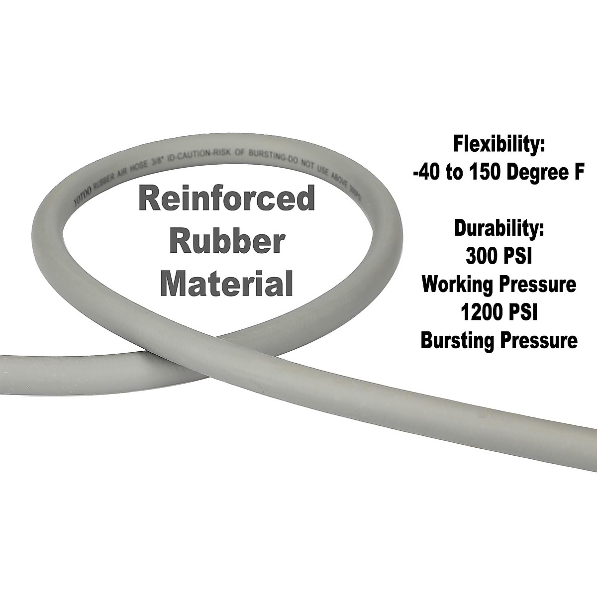 YOTOO Rubber Lead-in Air Hose 3/8-Inch by 3-Feet 300 PSI Heavy Duty, Kink Resistant, All-Weather Flexibility with 1/4-Inch Brass Male Fittings, Bend Restrictors, Gray