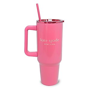 kate spade new york 40 Ounce Tumbler with Handle and Straw, Cupholder Friendly, Double Wall Stainless Steel Insulated Cup, Pink