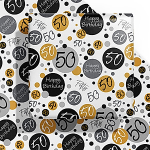 WRAPAHOLIC Birthday Wrapping Paper Sheet - 6 Sheets Black 50th Birthday Design Folded Flat for Birthday, Party, Baby Showers - 19.7 Inch X 27.5 Inch Per Sheet