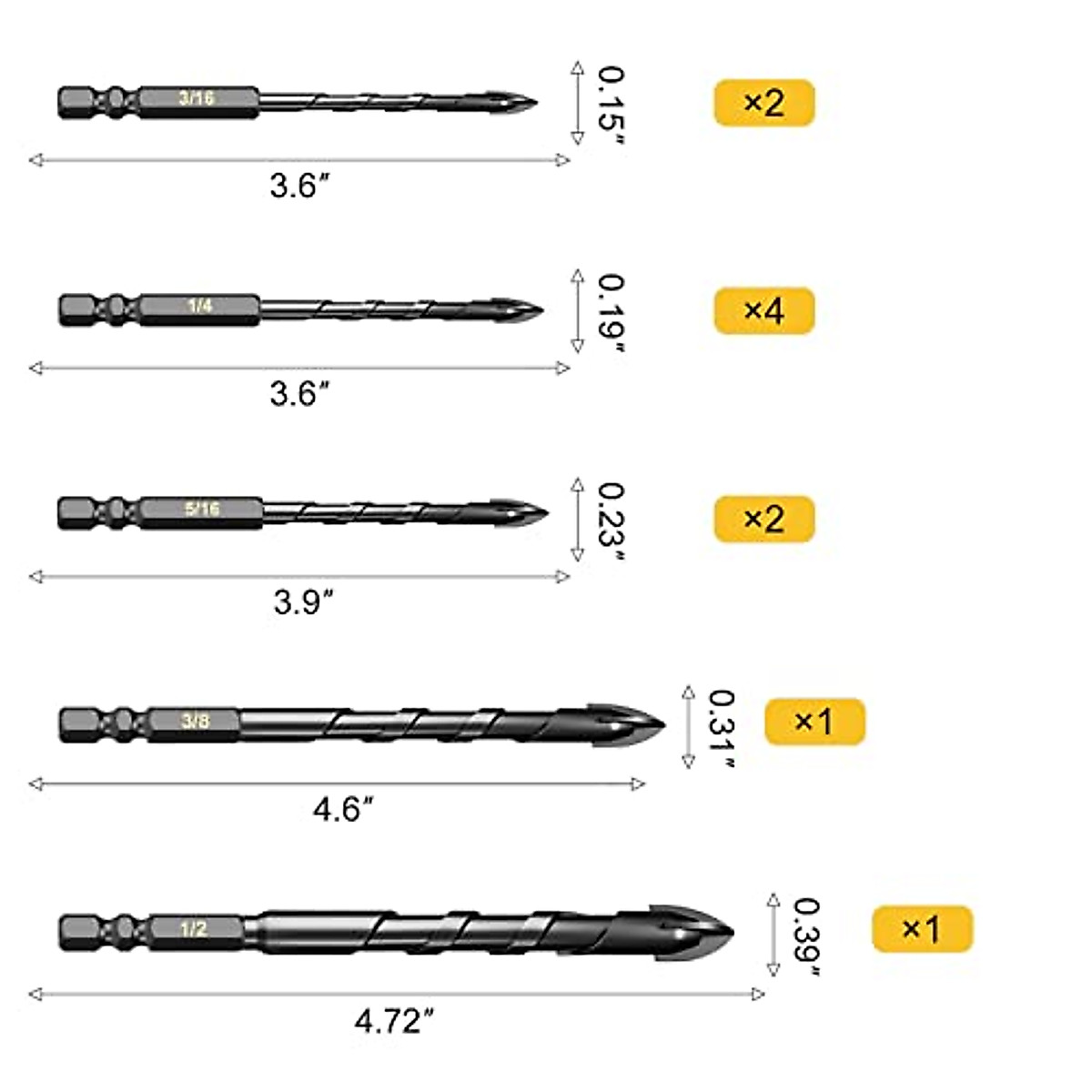 NewShark Concrete Drill Bit Set 10PCS, Masonry Drill Bits for Brick, Glass, Plastic and Wood, Tungsten Carbide Tip Work with Ceramic Tile, Wall Mirror, Paver on Concrete or Brick Wall（3/16”-1/2” ）