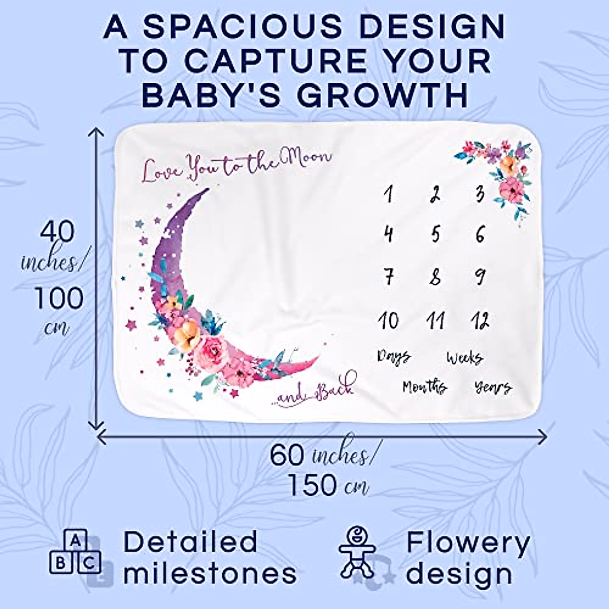 Luka&Lily Baby Monthly Milestone Blanket - 60"x40" Moon Blanket for Baby Girl Shower Gifts - First Year Calendar Growth Chart