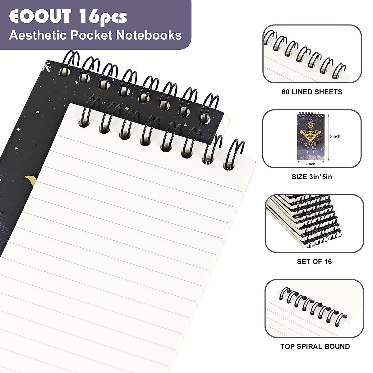 EOOUT Small Spiral Notebook, Aesthetic Pocket Notebook, 16pcs, 3x5 Inches, Memo Pads, Home Office College School, Lined College Ruled Paper, 60 Sheets Per Notebook, 8 Styles
