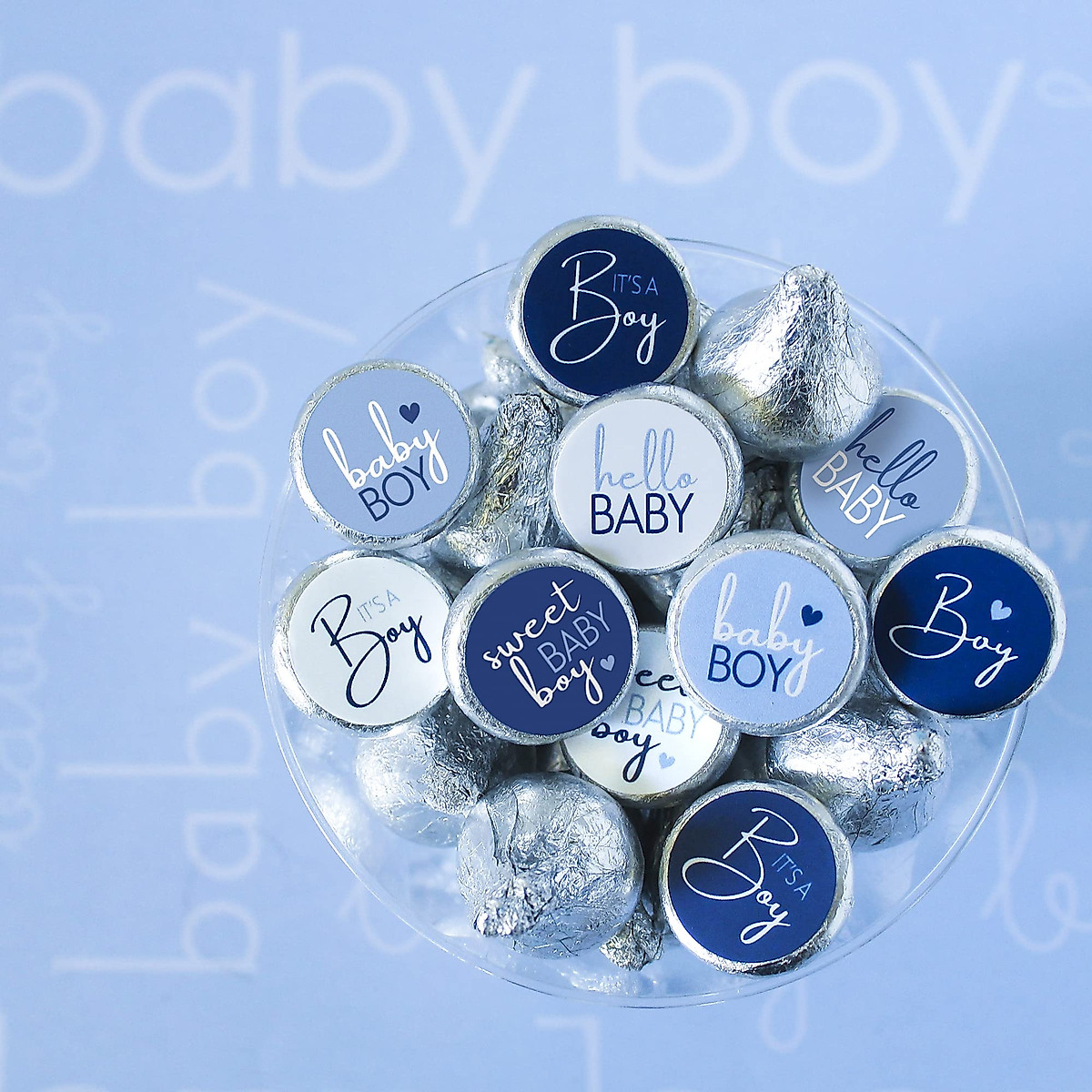 Blue It’s a Boy Baby Shower Favor Stickers, Sweet Baby Boy Chocolate Kisses Party Favor Candy Stickers - 180 Labels