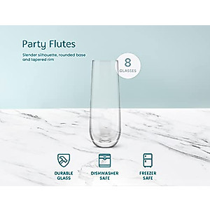 KooK Stemless Glass Champagne Flutes, Cocktail Cups for Rose, Prosecco, Mimosa, Great for Weddings and Parties, Dishwasher Safe, 9.4 oz, Set of 8