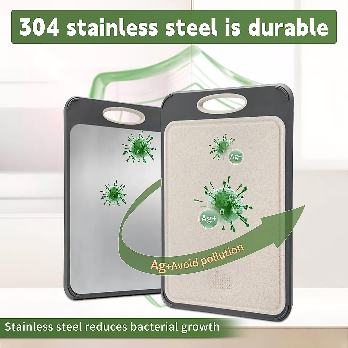 Cutting Board Double Sided,Large Stainless Steel Cutting Boards,Wheat Straw Cutting Boards for Kitchen,for Meat, Veggies, Fruits, with Easy Grip Handle,Dishwasher Safe (1, Large)