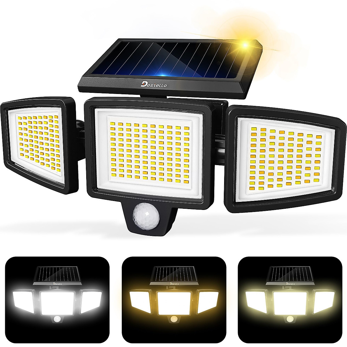 Destello Solar Lights Outdoor,Security Solar Powered Flood Lights, Upgraded High Efficiency Glass Solar Panel Motion Sensor Outdoor Lights,IP65 Waterproof,Outside Yard 3500LM,Adjustable Color 3 Modes