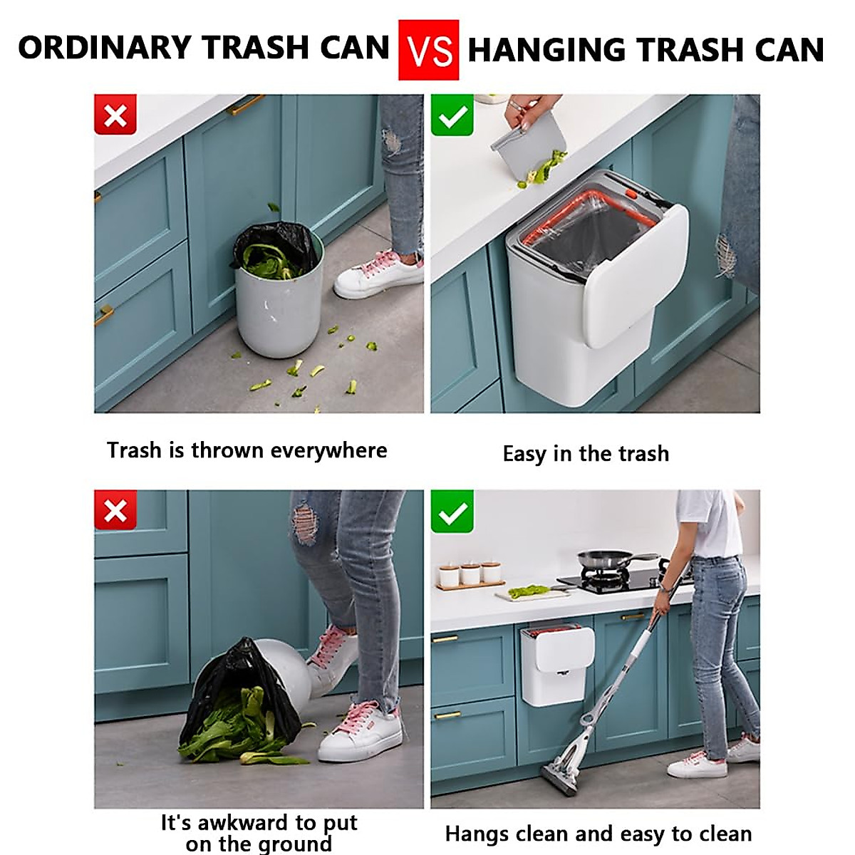 MegLob 9L Kitchen Wall Mounted Trash Can, 2.4 Gallon Compost Bin with Inner Bucket, Medium Modern Garbage Bin with Detachable Liner Bucket and Handle,White