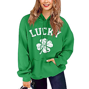 St Patrick's Day Women Green Long Sleeve Sweatshirt Graphic Print Shamrock Four Leaf Hoodie Lucky Clover M