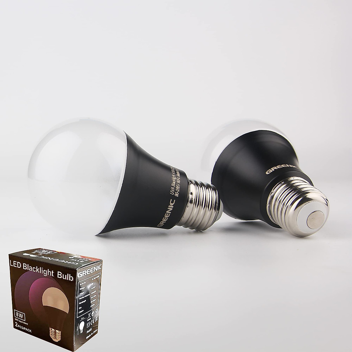 GREENIC UV Led Black Light Bulb 2 Pack, 8W (60W Equivalent) A19 E26 Blacklight Bulb UVA Level 385-400nm, Glow in Dark for Body Paint Club Party Neon Posters