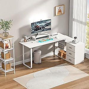 Anbuy L-Shaped Desk with Monitor Stand, Large Corner Computer Office Desk with Reversible 3 Drawers File Cabinet and Shelves, Modern Study Writing Table Workstation with Storage Cabinet