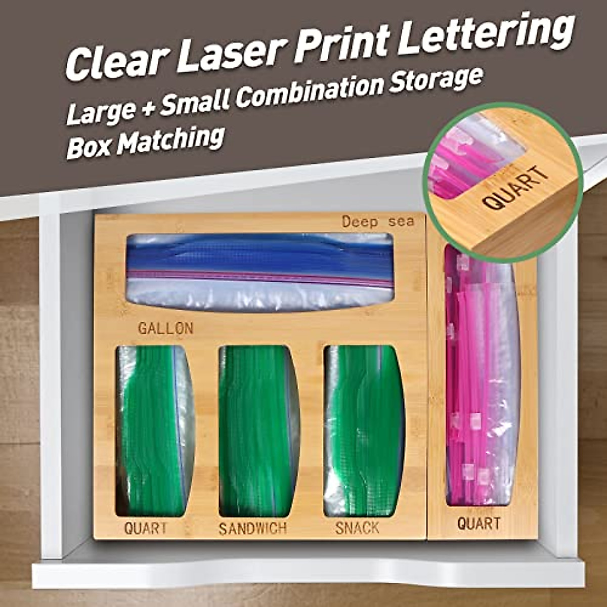 Deep sea Ziplock Bag Storage Organizer and Dispenser for Kitchen Drawer, Bamboo Kitchen Food Storage Bag Holders Compatible with Gallon Quart Snack Bags & Sandwich