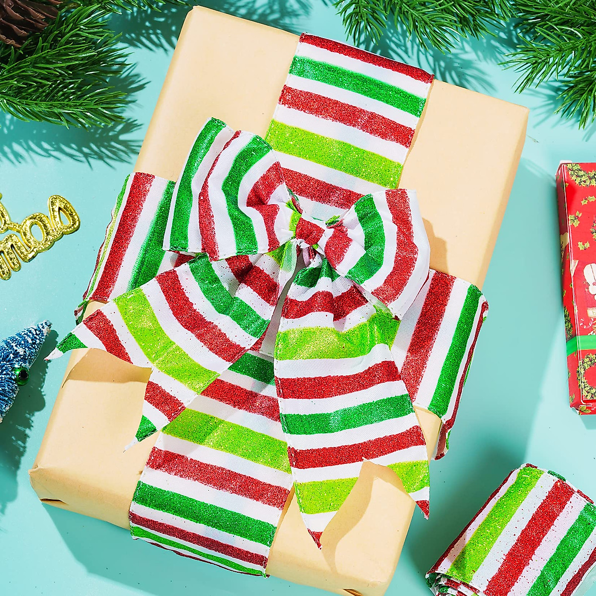 obmwang 2 Rolls Christmas Glitter Stripes Wired Edge Ribbon Red White Green Stripes Ribbons Wired Christmas Holiday Ribbon for DIY Craft Bows Xmas Tree Decoration, 2.52" x 6.56 Yards