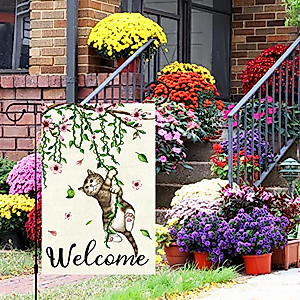Louise Maelys Welcome Spring Garden Flag 12x18 Double Sided, Burlap Small Cat Flower Floral Garden Yard Flags for Seasonal Outside Outdoor House Decoration (Only Flag)
