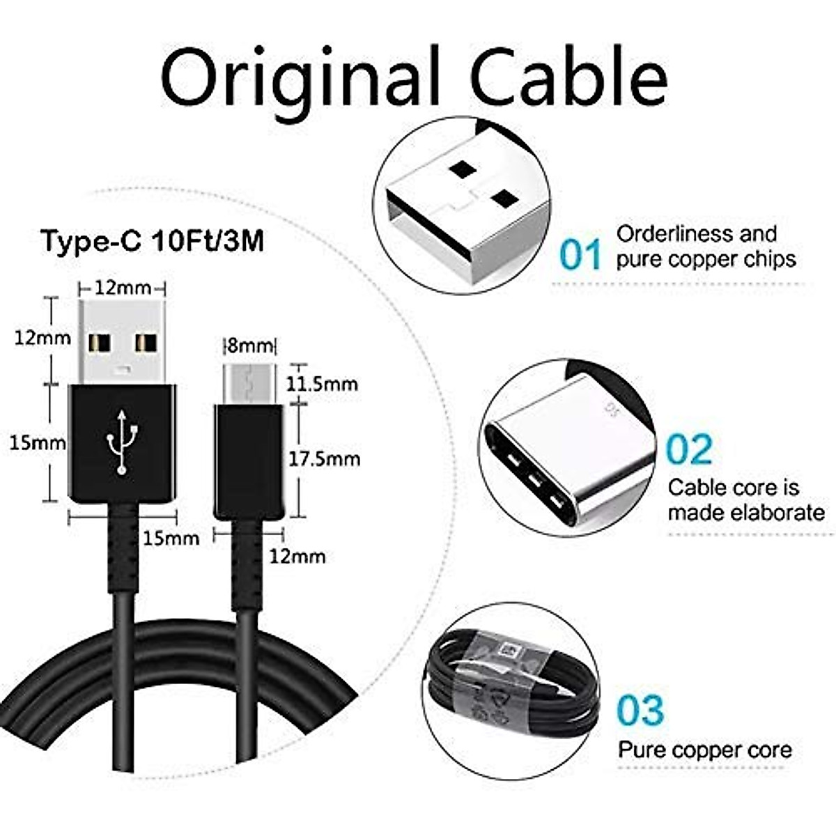 Original 10ft USB-C Cable Works for Microsoft Surface Duo with Fast Charging and Data Transfer. (Black 3M)