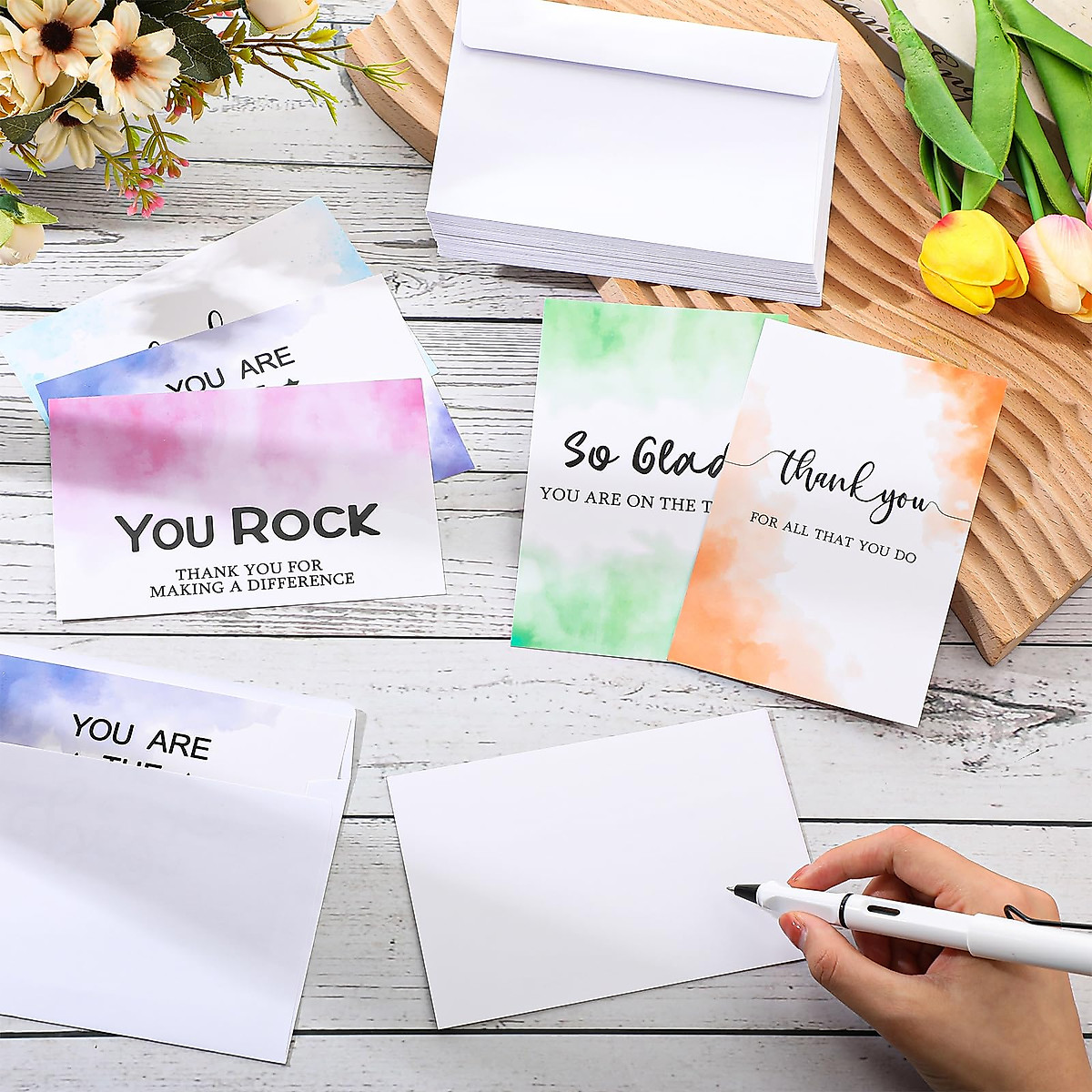 Jetec 100 Set Employee Appreciation Cards with Envelopes Thank You Gifts for Staff Team Inspirational Greeting Cards Work Anniversary Birthday Appreciation Cards, Watercolor Design