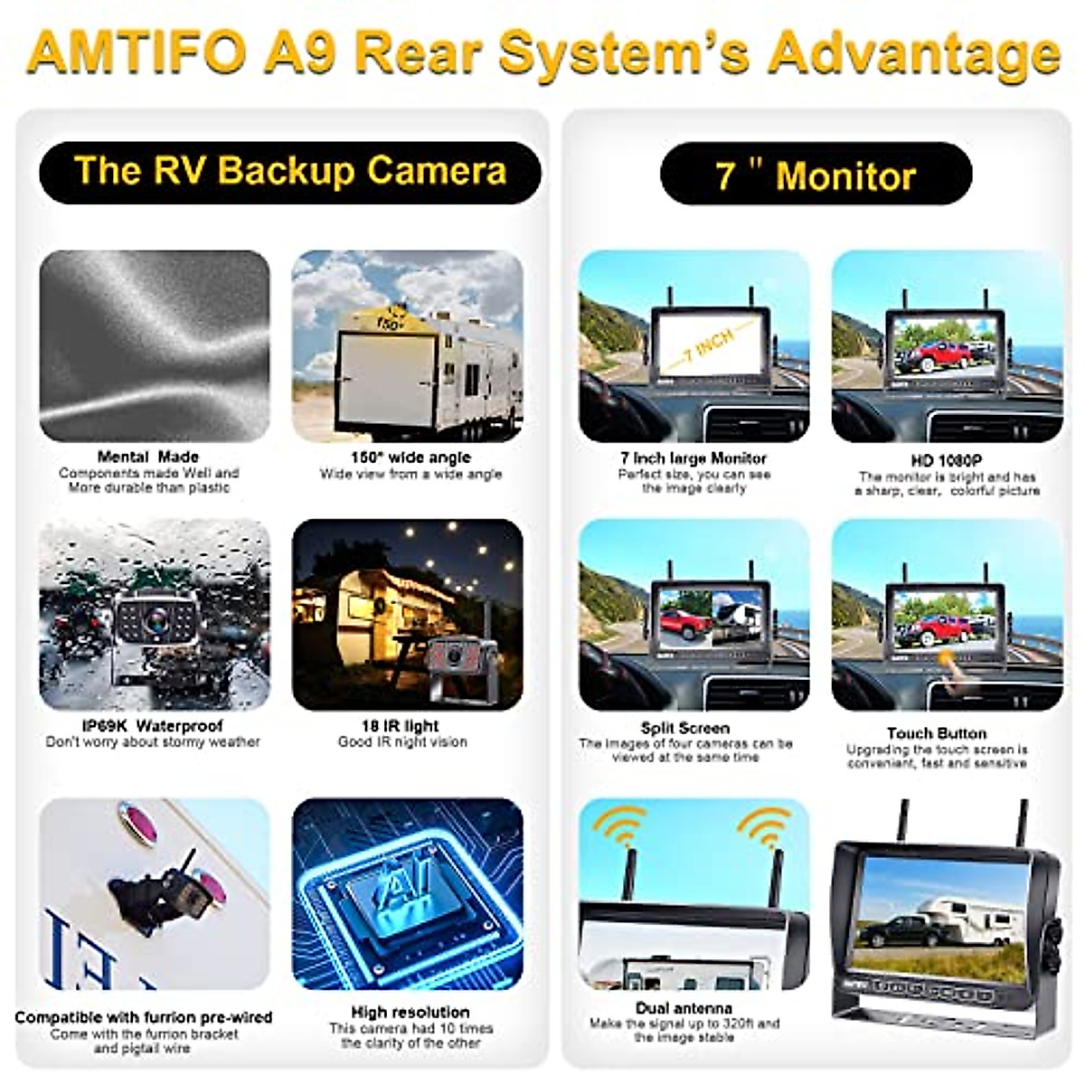 AMTIFO RV Backup Camera Wireless HD 1080P Bluetooth 2 Travel Trailer Rear View Cam System 7 Inch DVR Monitor Truck Camper Infrared Night Vision Reverse Cameras Adapter for Furrion Pre-Wired RVs A9