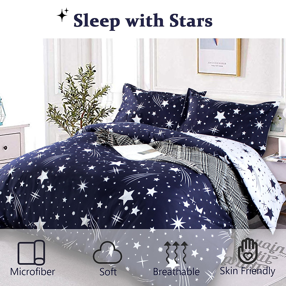 Duvet Cover Queen Bedding Set - Star Quilt Cover with Zipper Closure, Soft Breathable, Blue, ZHH