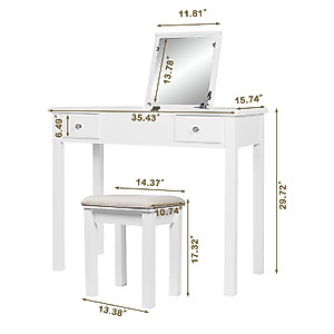 AODAILIHB Vanity Table with Flip Top Mirror Makeup Dressing Table Writing Desk with Cushioning Makeup Stool Set, 2 Drawers 3 Removable Organizers Easy Assembly (White)