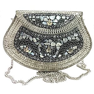 Ethnic Clutch Gift Metal Bag Metal Clutch Vintage Handmade Bags Metal Mosaic Stone Bag, Shell Purse, Sling Bag, Party Bag (Silver)