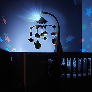 Bambiya Baby Crib Mobile with Music and Lights, Remote Control and Light Projector with Stars. Musical Mobile for Crib with Space, Airplanes and Clouds Theme. Nursery Toys for Babies 0-24 Months