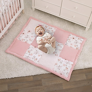 NoJo Countryside Floral - Pink, Grey & White 4Piece Nursery Crib Bedding Set, Comforter, Fitted Crib Sheet, Dust Ruffle, Diaper Stacker, Pink, Peach, White, Grey