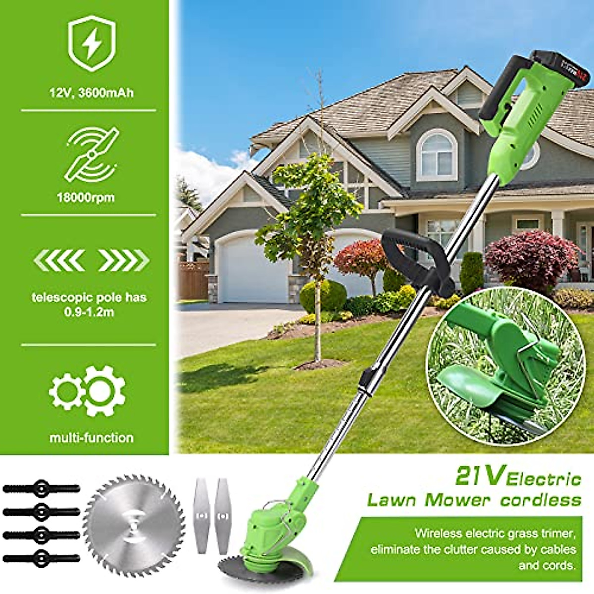 dsfen Electric Lawn Mower Rechargeable Li-ion Battery Cordless Grass Trimmer Auto Release Household Portable Garden Home Trimming Machine for Gardening Green