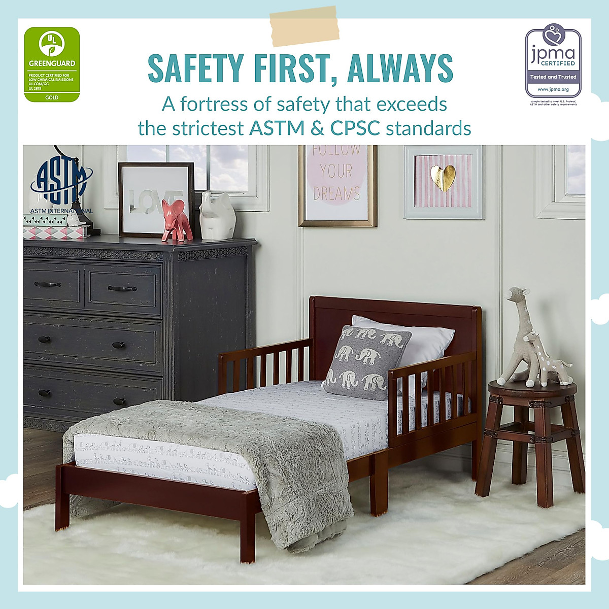 Dream On Me Brookside Toddler Bed In Espresso, Greenguard Gold Certified, JPMA Certified, Low To Floor Design, Non-Toxic Finish, Safety Rails, Made Of Pinewood