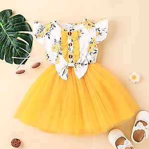 Onththr Toddler Baby Girls Tutu Dress Ruffle Sleeveless Splicing Floral Princess Dresses Summer Clothes Outfits (2T, Yellow)