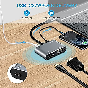 linkrider USB C Hub to HDMI VGA Multiport Adapter, 4-in-1 Hub USB 3.0 OTG Charging Power PD Port (Thunderbolt 3) Compatible for MacBook Pro/Air/ipad Pro 2018-2020/Dell XPS/Nintendo Switch