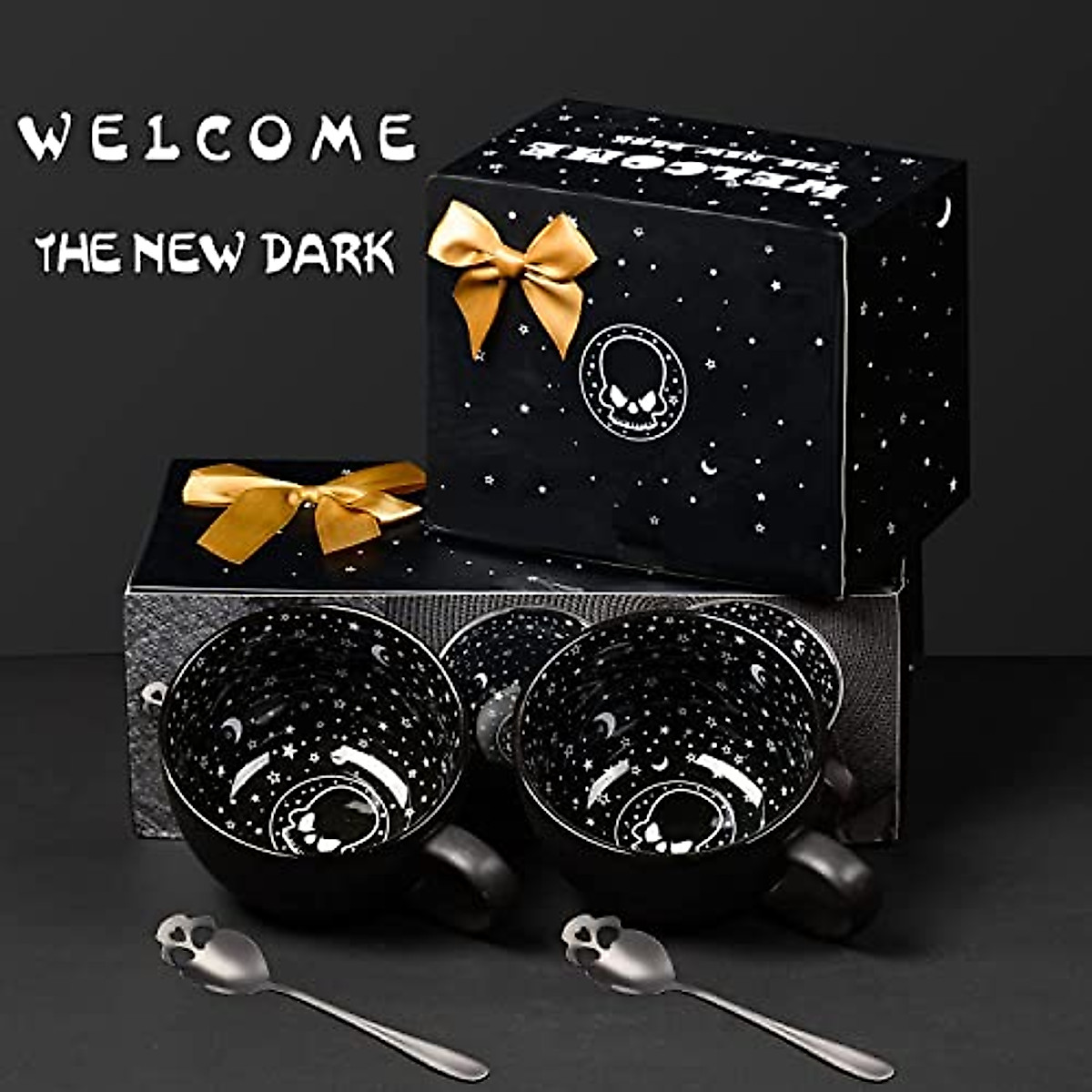 CALATOUR Set Of 2 Midnight Skull Coffee Large Mugs With Skull Spoons In Gift Box,Cute Halloween Spooky Witch Gifts Goth Decor Cool Novelty Tea Cups,21oz/620ml Porcelain(Midnight Black)