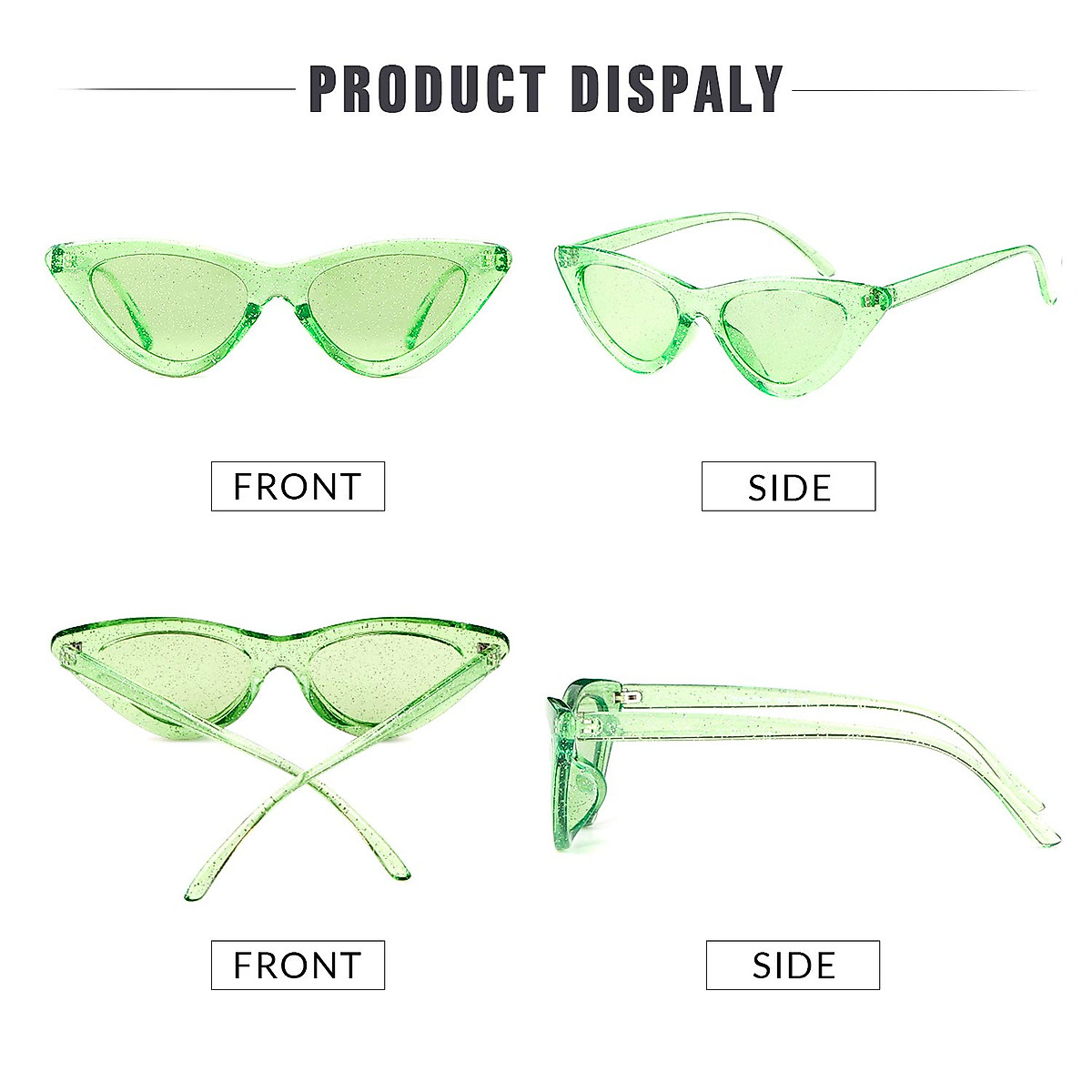 GIFIORE Retro Vintage Cat Eye Sunglasses for Women Trendy Narrow Cateye Frame Sun Glasses (Neon Green Frame Green Lens with Glitter)