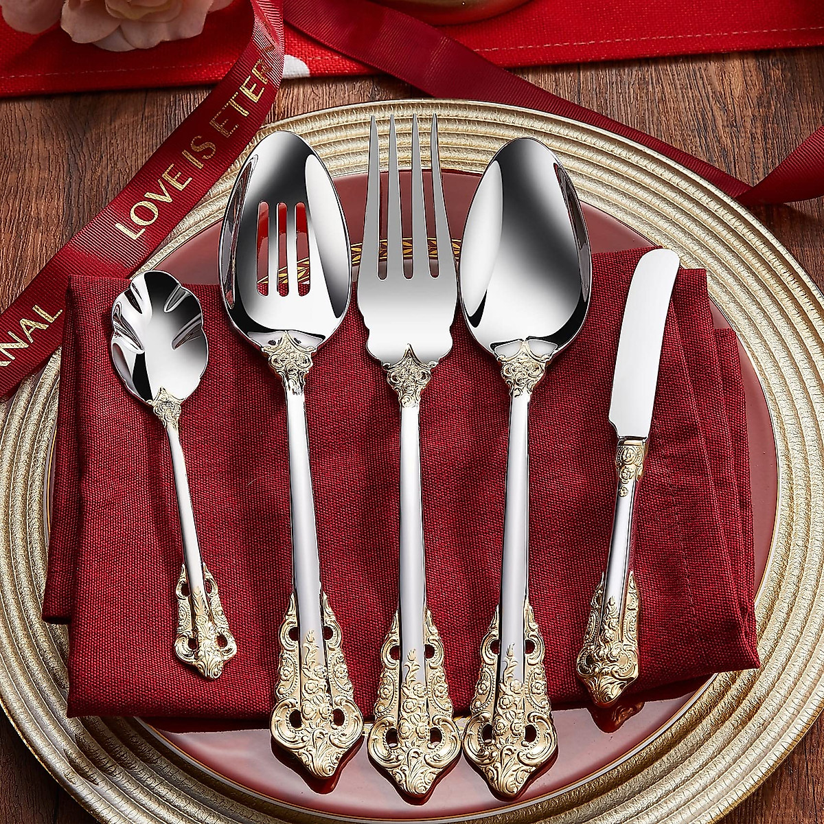 KEAWELL Luxury 45 Pieces 18/10 Stainless Steel Flatware set, Service for 8, silver plated with gold accents, Fine Silverware set and Dishwasher Safe