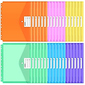 EOOUT 30pcs Binder Pocket, Binder Pockets for 3 Ring, Binder Folders, 11 Holes, Letter Size, Snap Button Pouch with Label for School, Home and Office