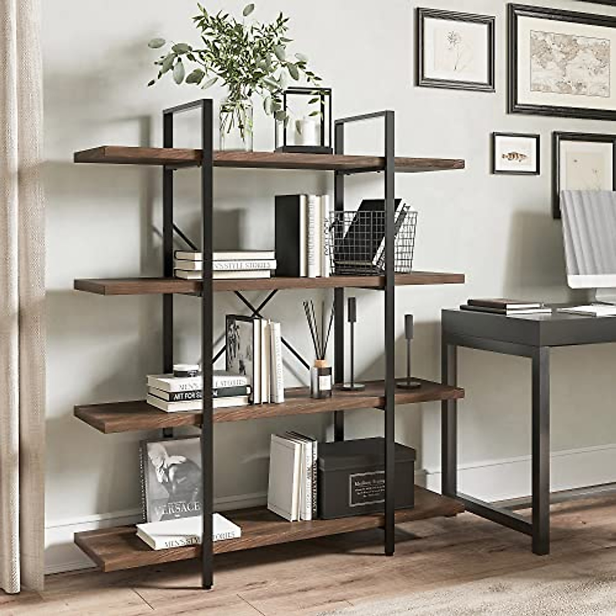 BELLEZE 4 Tier Modern Rustic Industrial Bookshelf, Open Wide Office Etagere Book Shelf, Wood and Metal Bookcases with Storage Display Rack - Hazel (Dark Walnut)
