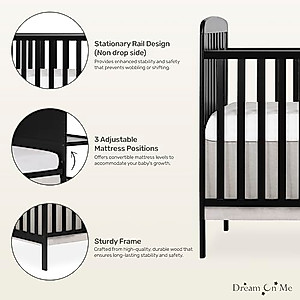 Dream On Me Anna 3-in-1 Full-Size Crib and Changing Table Combo in Black, Greenguard Gold Certified, Non-Toxic Finishes, Includes 1" Changing Pad, Wooden Nursery Furniture